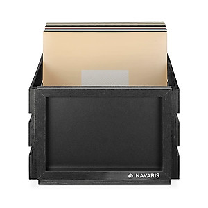 Navaris Wood Record Crate - Vinyl Album Storage Holder Box Wooden Case with Chalkboard Sign Board - Holds up to 80 LP Records - Black