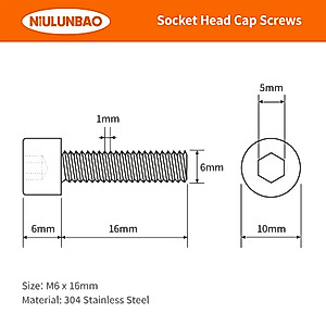 M6-1.0 x 16mm Hex Socket Head Cap Screws Bolts 304 Stainless Steel Allen Hex Drive, Machine Metric Fully Thread, 25PCS