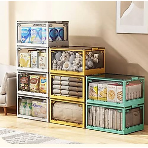 Folding Collapsible Storage Box and Organizer - Transparent - Easy to access - Stackable - Plastic Basket - Portable Bin with Wheels (White)