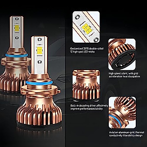 Jawmoy Pack-2 9005 Car Headlights LED Bulbs, 6000K 3570 Lamp Beads Aviation Aluminum Radiator Bulb, 9600LM 55W Waterproof Plug and Play Super Bright Light Bulbs for Most Cars (Gold)