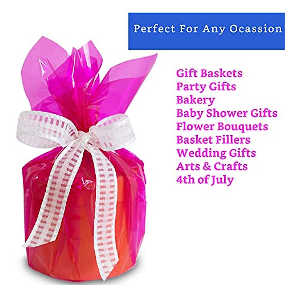 FIESTA WRAPS 200 ft Pink Cellophane Wrap Roll (16 in x 200 ft) - Cellophane Wrap Pink - Pink Clear Wrap - Cellophane Roll Pink - Pink Cello Wrap - Colored Cellophane Roll - Pink Transparent Paper