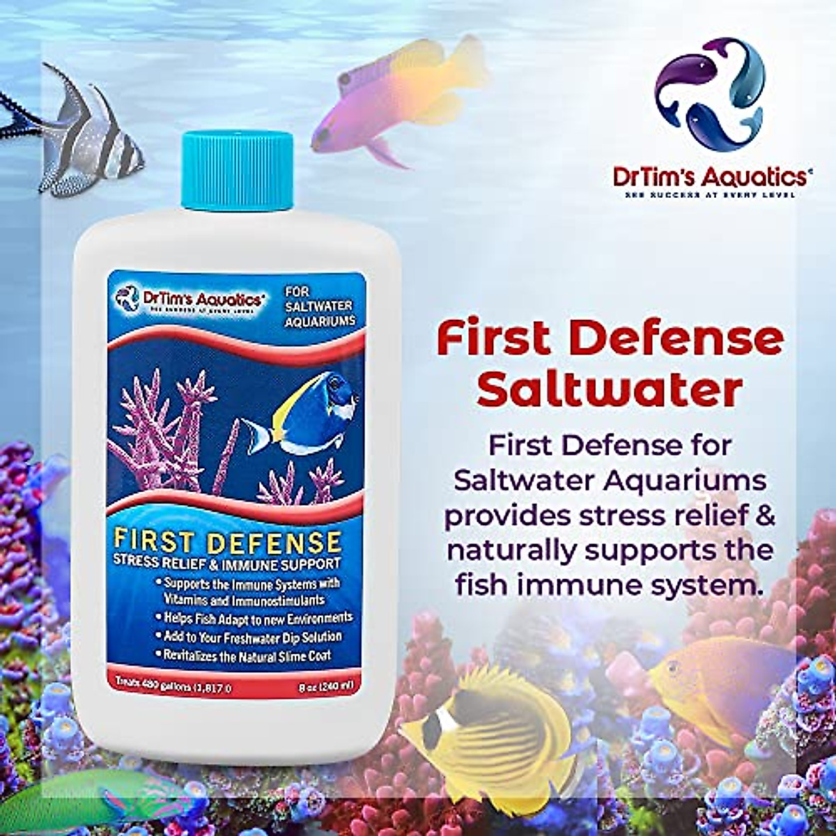 DrTim’s Aquatics First Defense for Saltwater Aquariums – Stress Relief & Immune System Support with Vitamins & Immunostimulants for Fish Tanks 4 oz.
