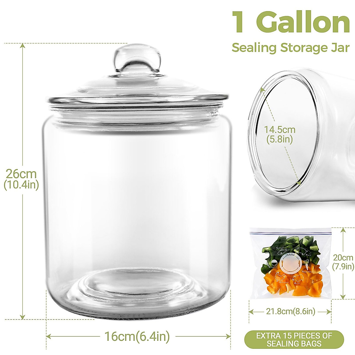 Masthome 1 Gallon Glass Jar with Lid,Large Glass Cookie Jar,Wide Mouth,Dishwasher Safe,Large Clear Jar,Storage Containers with Lids For Flour,Nuts,Cookies,Snacks-Send 15pcs Food Storage Bags