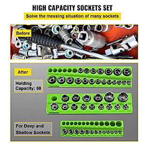 VEVOR 3-Pack SAE Magnetic Socket Organizers, 1/4", 3/8", 1/2" Magnetic Socket Holder Hold 68 Sockets, Green Tool Box Organizer for Sockets Storage