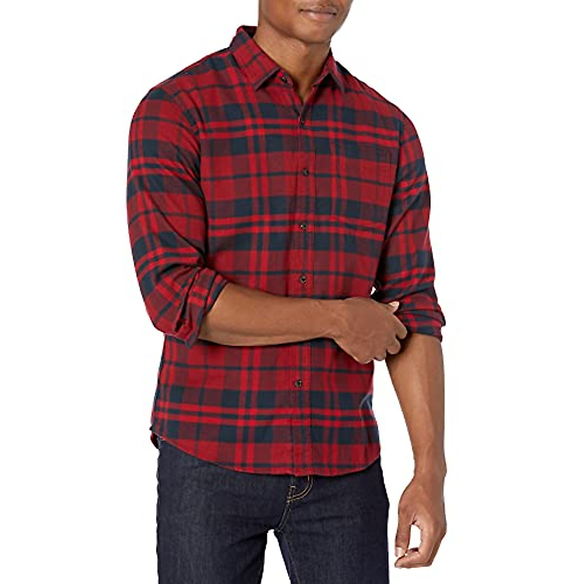 Amazon Essentials Men's Slim-Fit Long-Sleeve Plaid Flannel Shirt (Limited Edition Colors), Navy Red Plaid, Medium