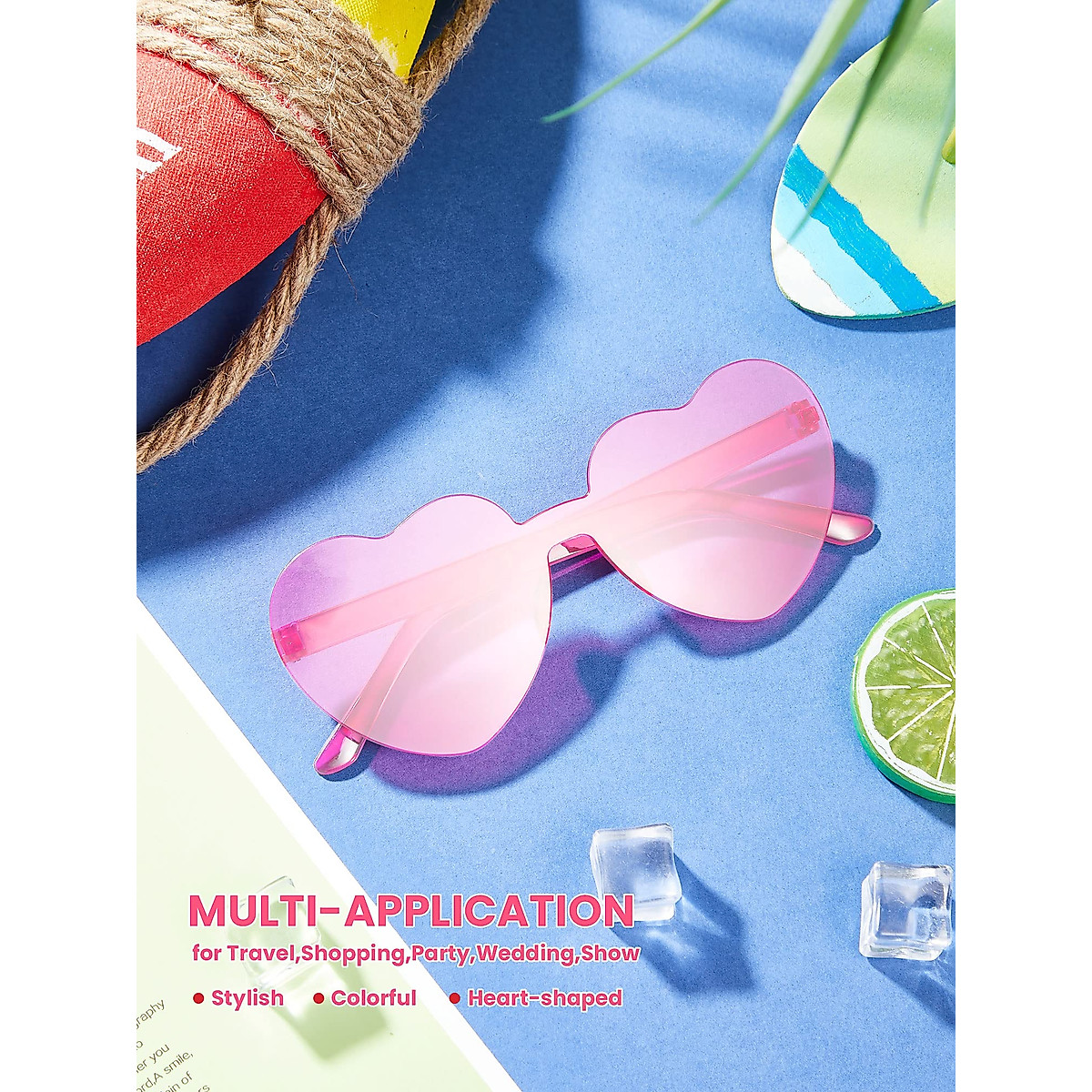 Dunzy 100 Pairs Heart Shaped Sunglasses Rimless Heart Sunglasses Candy Color Eyewear Party Wedding Glasses(Colorful)