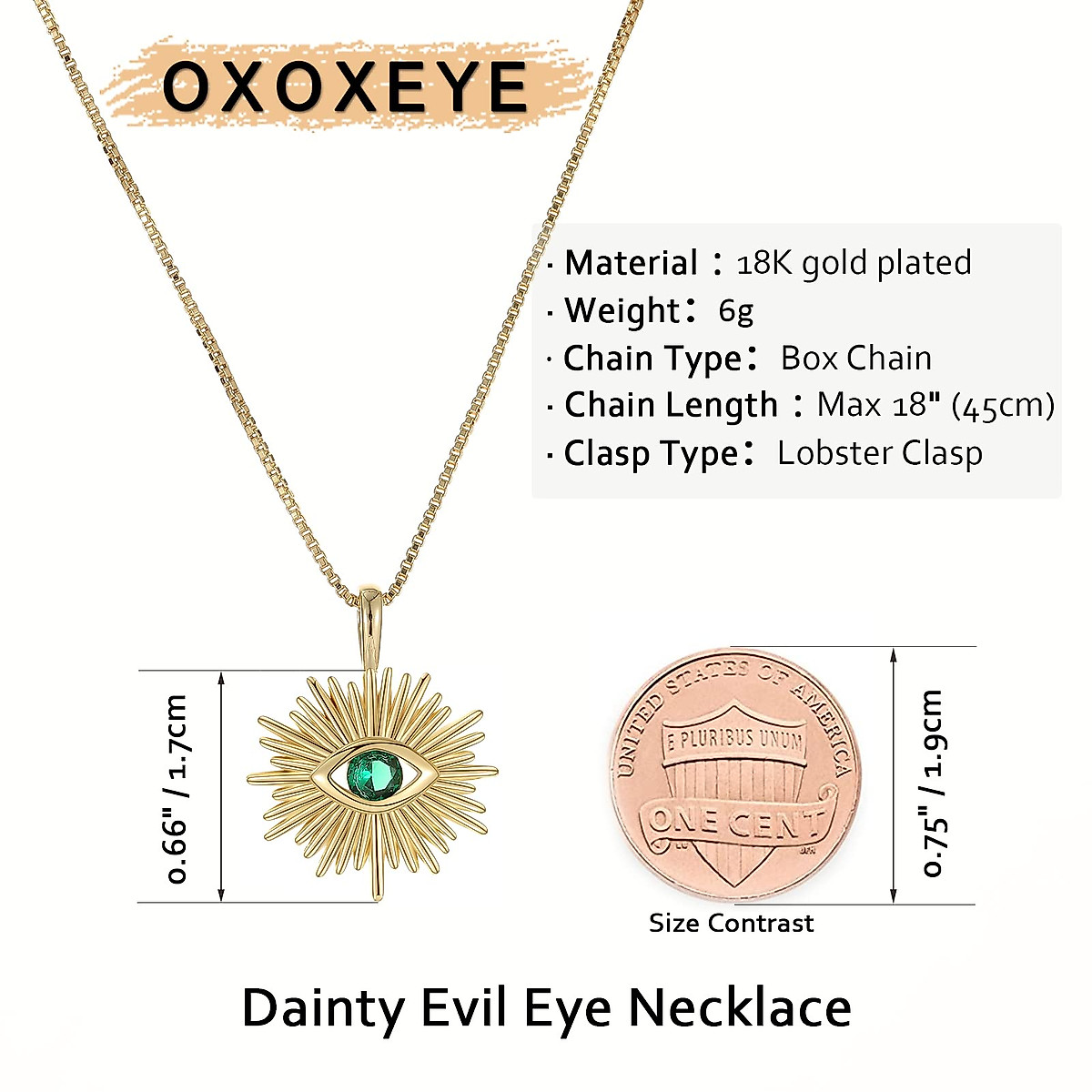 OXOXEYE Evil Eye Necklace Dainty Gold Necklace for Women 18K Gold Plated Necklace Cute CZ Eye Sun Ray Pendant Necklace