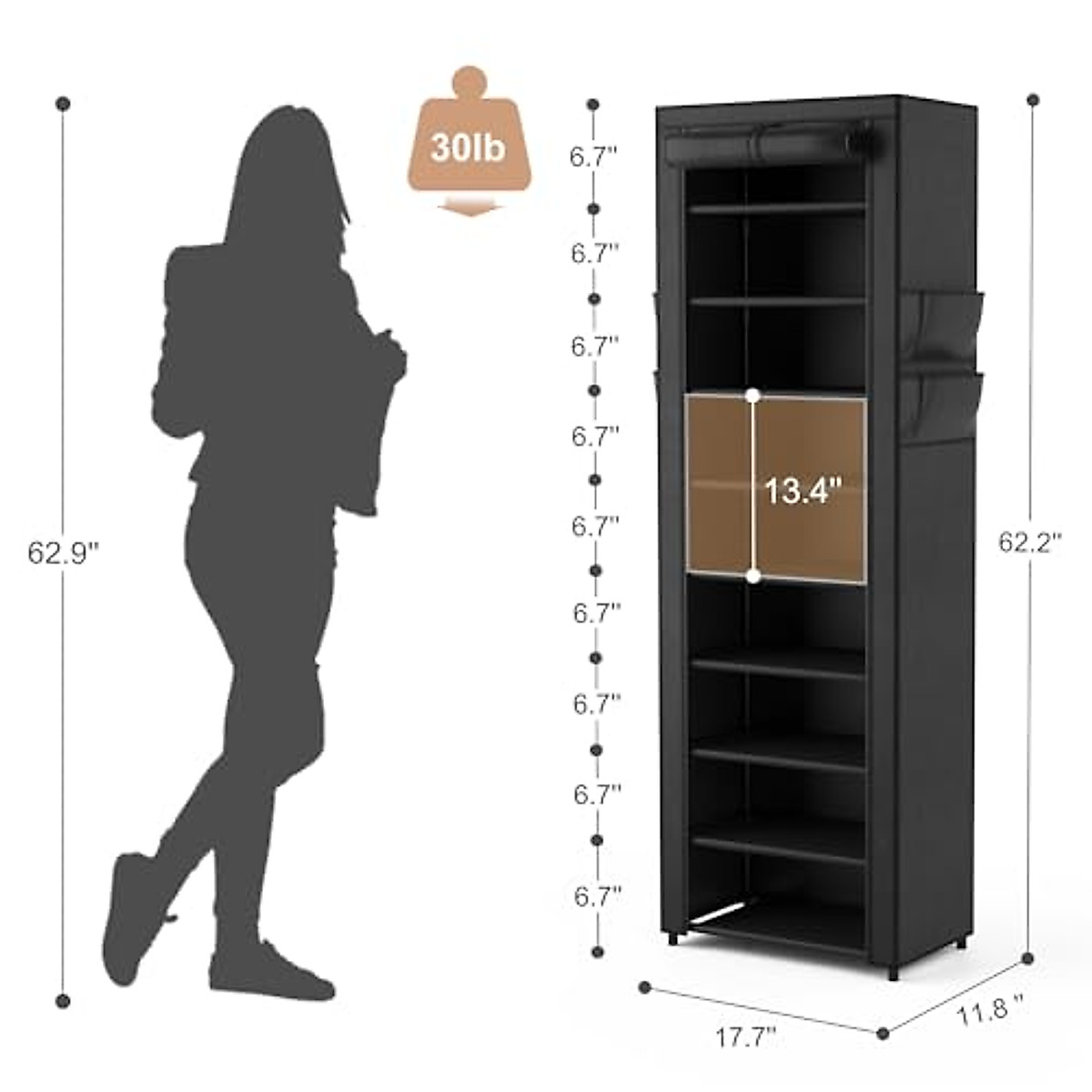 ROJASOP Shoe Rack with Covers, 10 Tier Shoe Organizer Narrow Shoe Storage Cabinet for 20-22 Pairs Shoes and Boots Tall Space Saving Shoe Shelf for Closet Entryway Garage Hallway Bedroom