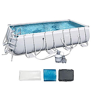 Bestway Power Steel 18' x 9' x 48" Rectangular Metal Frame Above Ground Swimming Pool Set with 1500 GPH Sand Filter Pump, Ladder, and Pool Cover