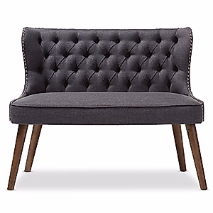 Baxton Studio Sydney Walnut Wood Button-Tufting with Nailheads Trim 2-Seater Loveseat Settee, Dark Grey