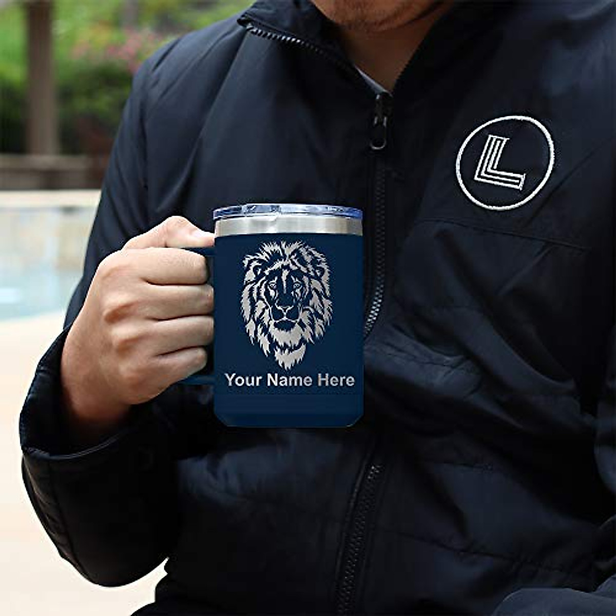 LaserGram 15oz Vacuum Insulated Coffee Mug, Freight Train, Personalized Engraving Included (Navy Blue)