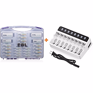 EBL Purple Super Power Battery Box Kit Include : 12 AA Batteries + 8 AAA Batteries +2pcs C/D Adapters + 8 Bay AA AAA Battery Charger with Discharge Function and 2 USB Output Port