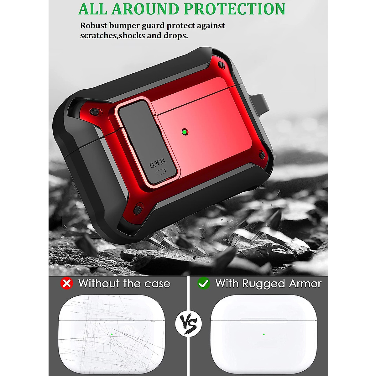 Olytop for Airpods Pro/Pro 2 Gen Case Cover (2023/2022/2019), Secure Lock Clip Shockproof AirPod Pro 2nd/1st Generation Hard Protective Skin Case with Cleaner Kit & Replacement Ear Tips, Black/Red