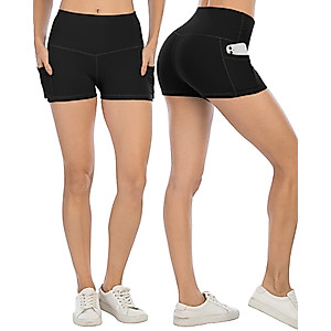 CHRLEISURE Spandex Yoga Biker Shorts with Pockets for Women, 3'' / 5'' / 8'' Workout Booty Shorts (3“ Black, S)