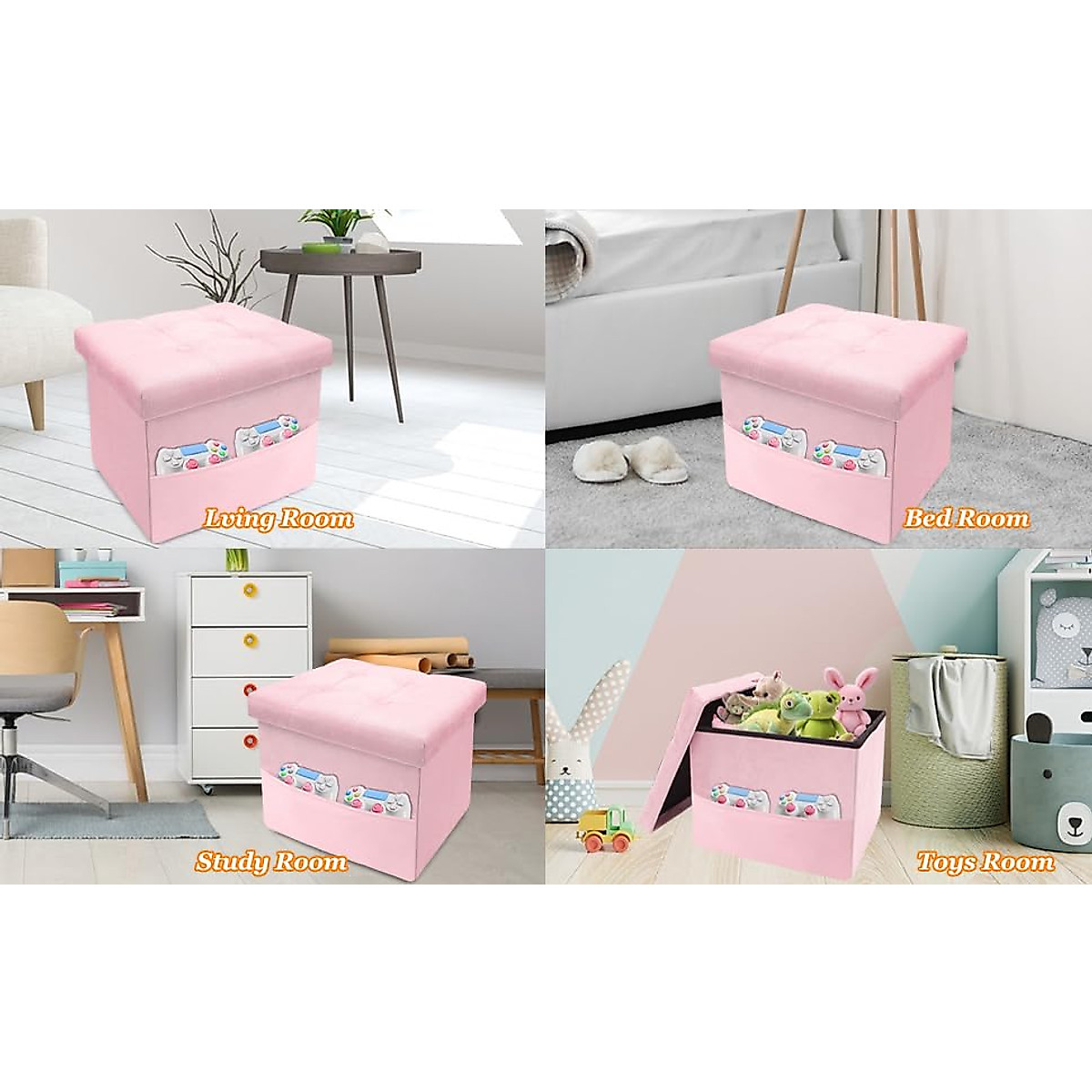 Storage Ottoman Foot Stool, 17 inches Folding Ottoman with Storage, Velvet Storage Bench with Side Pocket, Foot Rest for Living Room, Bedroom, Pink