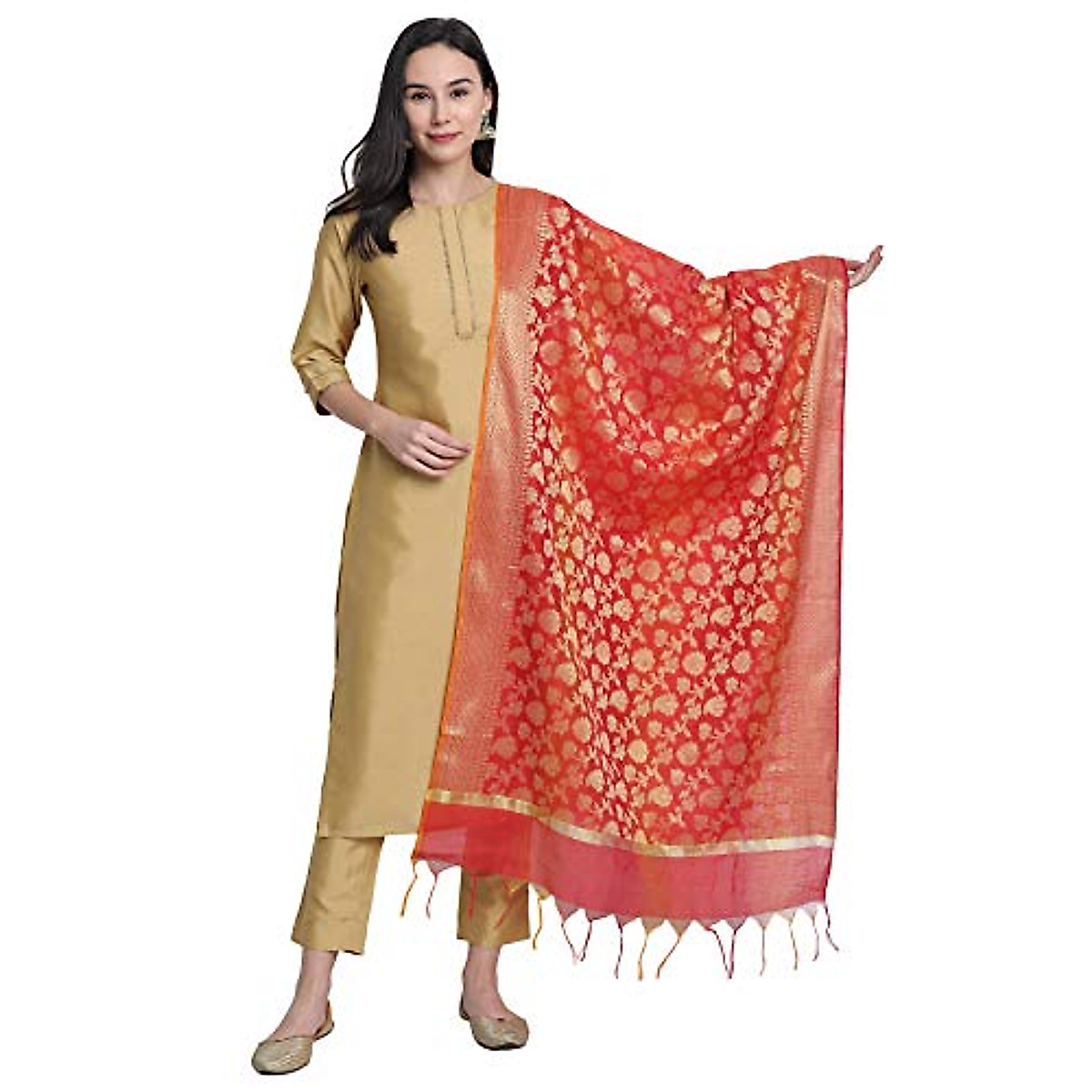 Janasya Gold Gota Patti Poly Silk Straight Kurta Set With Dupatta