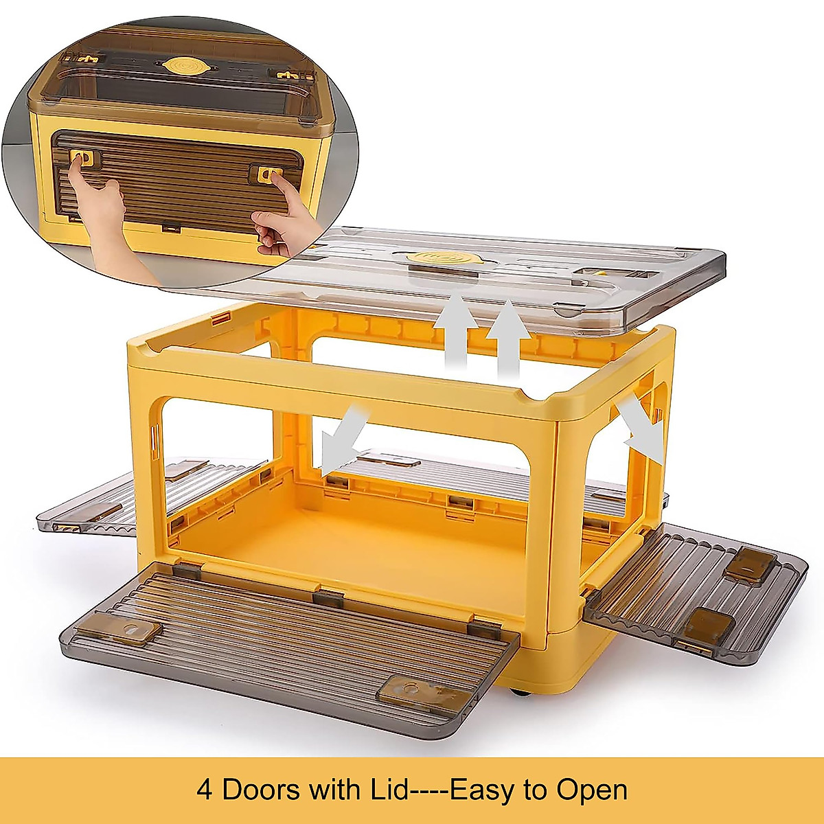 Aimisin Folding Storage Bins, 28 Liters, 2 Pcs Green Plastic Storage Containers with Wheels, Four Doors, Foldable, Stackable, Plastic Box with Lids for Organization, Storage Cart