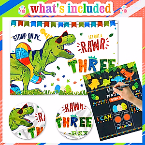 Three Rex Birthday Party Decorations Boy, Dinosaur 3rd Birthday Party Decorations Supplies,3 Rex Birthday Party with 3 Rex Birthday Backdrop Dinosaur Balloons Kit for 3rd Birthday Decorations for Boys