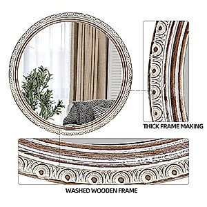 HCODCIBA Round Mirror 24 Inches, Farmhouse Wood Circle Mirror,Wall Mirror Decorative for Entryway,Bedroom, Living Room,Rustic Wooden Hanging Mirror