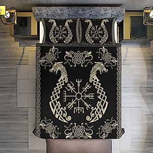 GDSCCLGX Modern Scandinavian Viking Totem Print Comforter Cover Sets 3 Piece King Size,Rustic Mythical Viking Style Symbol Theme Duvet Cover Set 2 Pillowcases(No Insert)