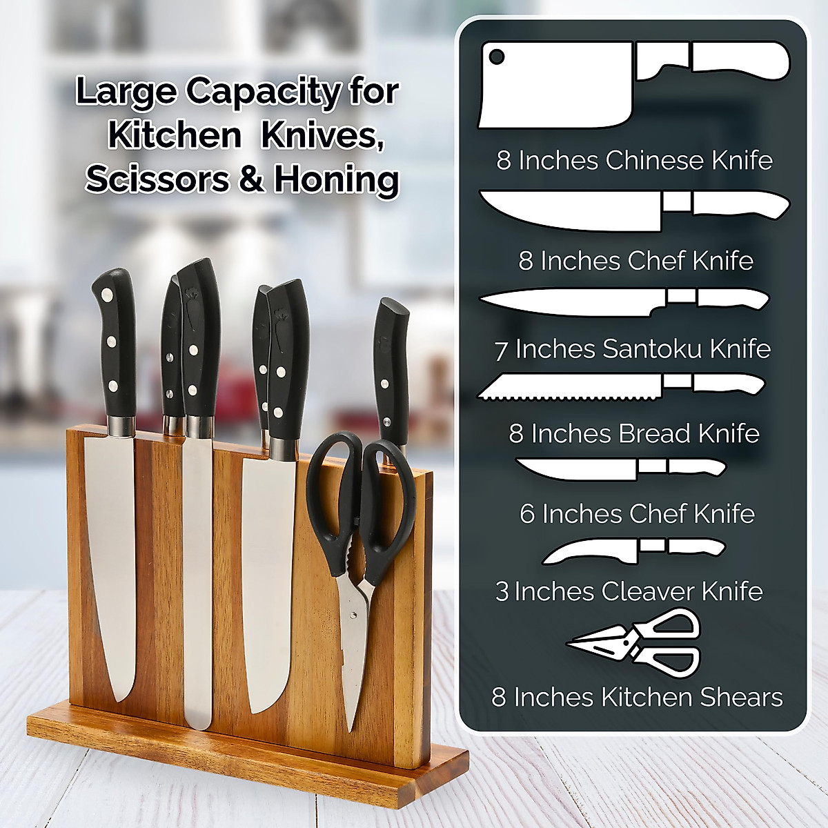 Premium Natural Acacia Wood Magnetic Knife Block Double Sided Magnetic Knife Holder Stand for Kitchen Counter Anti Slip Base Knife Block without Knives Knife Storage Universal Knife Block Knife Stand