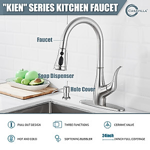 Casavilla Kitchen Faucet with Soap Dispenser, Faucet for Kitchen Sink, Single Handle Stainless Steel Kitchen Sink Faucets with Pull Down Sprayer and Deck Plate, RV Sink Faucet, Nickel Brushed