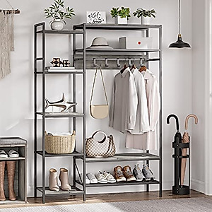 Alkmaar 71in Industrial Large Hall Tree, Freestanding Closet Organizer, Clothes Rack Hall Tree with Storage Bench, Heavy Duty Garment Rack Hanging Clothing Wardrobe Storage Closet for Bedroom