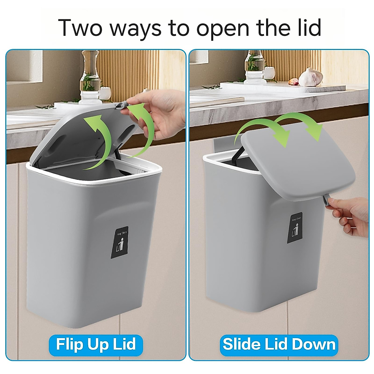 MUGYPYR Compost Bin for Kitchen -2.4 Gallons/9L Trash Can for Under Sink,Hanging Small Trash Can with Lid for Bathroom/Bedroom, Indoor Compost Bucket (Grey)