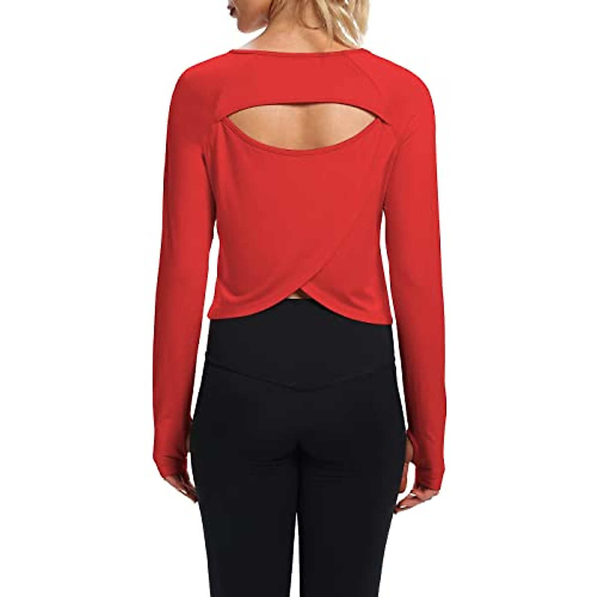 Bestisun Womens Cropped Tops Long Sleeve Open Back Workout Tops Activewear Gym Yoga Shirts Exercise Sports Running Clothes Red S