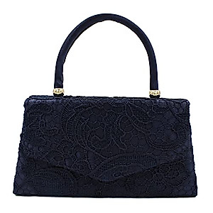 Premium Lace Paisley Floral Fabric Satin Top Handle Clutch Evening Bag Handbag, Navy