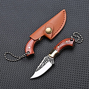 SZHOWORLD Ultra Small Fixed Blade Knife, 1.57 inch 5Cr Stainless Steel Blade with Brass+Colored Wood Handle, Mini Knife/Box Cutter with Leather Sheath for EDC Gift Collection Cutting