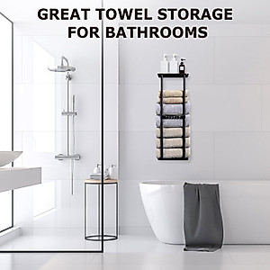 ULUPJ Wall-Mounted Towel Racks for Bathroom, Matte Black 31.5 Inch Towel Storage Rack - 7 Large Rolled Towels Holder, Space-Saving, Top Shelf for Additional Storage