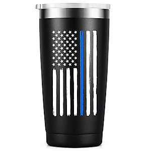 KIKERRO Thin Blue Line Police Officer Gifts - Cops Officer Valentine's Day Gift Coffee Cup - 20oz Stainless Steel Double Wall Insulated Tumbler, Black
