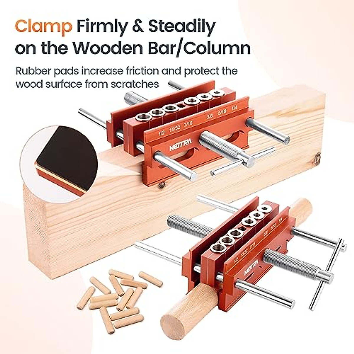 Neitra Self Centering Doweling Jig - 6 Drill Guides for Straight Holes, Adjustable Width Up to 6.75", All Metal Drilling Hole Kit for Wood Dowel Jig, Professional Woodworking Joints Tool