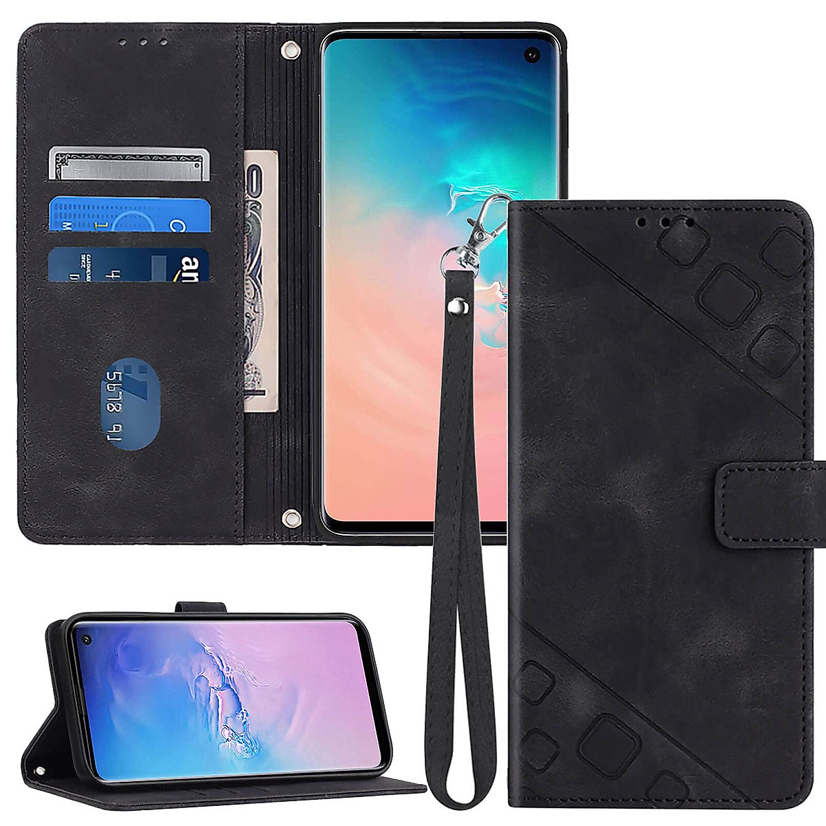 Moment Dextrad for Galaxy S10 Case Wallet,[Card Holder Slots][Wrist Strap][Stand Function] TPU Interior Protective PU Leather Flip Cases Cover for Samsung S10 6.1 Inch (Black)