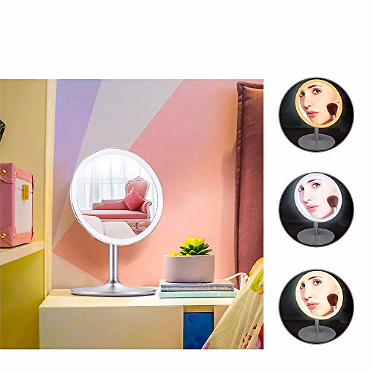 KXA Lighted Makeup Mirror, 21 LED Cosmetic Mirror Touch Screen Dimming 360° Rotation with Stand Charging Vanity Mirror USB Charging with Lithium Battery