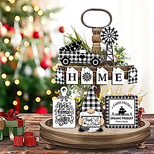 10 Pieces Farmhouse Tiered Tray Decor Farmhouse Home Decor, Rustic Tiered Tray Signs, House Shaped Table Decor, Buffalo Plaid Wooden Farm Fresh Sign for Country Farmhouse Home Kitchen Shelf Decor