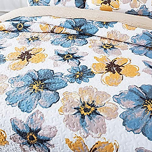 HoneiLife Quilt Set King Size - 3 Piece Microfiber Quilts Reversible Bedspreads Patchwork Coverlets Floral Bedding Set All Season Quilts- Splash-Ink Painting