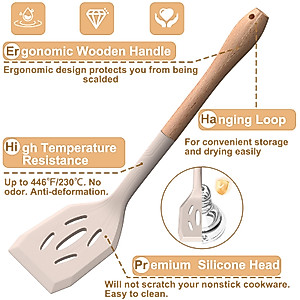 Kitchen Utensils Set- 13 Pcs Cooking Utensils with Tongs, Spoon Spatula &Turner Made of Heat Resistant Food Grade Silicone and Wooden Handles Kitchen Gadgets Tools Set for Nonstick Cookware (Khaki)