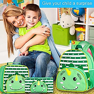 FTJCF 3PCS Toddler Backpack for Boys, 12" Dinosaur Kindergarten Bookbag, Preschool Kids School Bag with Lunch Box - Green