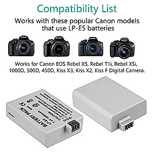 LP-E5 Battery Pack, 2-Pack E5 Battery Compatible with EOS Rebel XS, Rebel T1i, Rebel XSi,1000D, 500D, 450D, Kiss X3, Kiss X2, Kiss F Digital Camera.