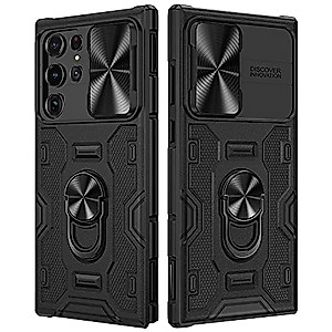 VEGO for Galaxy S22 Ultra Case with Slide Camera Cover, Built-in 360° Rotate Ring Kickstand Magnetic Shockproof Cover Case for Samsung Galaxy S22 Ultra 5G 6.8 inch 2022 Armor Style - Black
