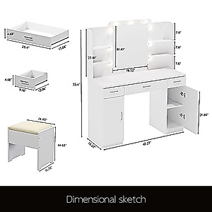 TOLEAD Modern Makeup Vanity Desk with Mirror and Lights, Hollywood Mirror with 9 Dimmable LED Bulbs & 3 Lighting Modes, White Bedroom Vanity with Drawers, Stool Included, 45.27" W