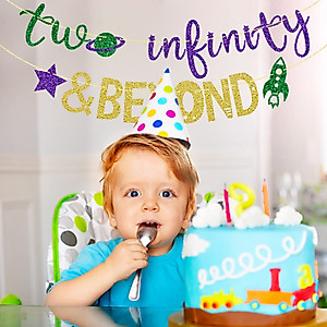 Two Infinity and Beyond Banner, 2 Years Old Banner, Space Themed Birthday Banner, 2nd Birthday Party Decor (Green Gold Purple)