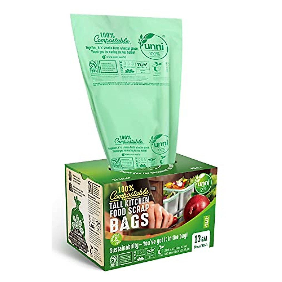 UNNI 100% Compostable Bags, 13 Gallon, 49.2 Liter, 50 Count, Heavy Duty 0.85 Mil, Tall Kitchen Food Scrap Waste Bags, ASTM D6400, EN 13432, US BPI and Europe OK Compost Home Certified, San Francisco