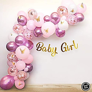 Sweet Baby Co. Girl Butterfly Baby Shower Decorations for Girl Party Decoration with Pink and Purple Mauve, Rose Gold Balloons Arch Garland Kit, Banner for Princess Floral Birthday BabyShower Decor