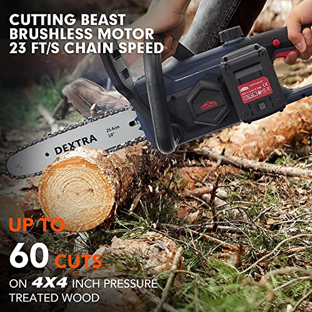 Dextra Cordless Chainsaw, Brushless 10-Inch Battery Chainsaw,Power Chain Saws for Trees Wood Garden Ranch Forest Cutting, Auto-Tension & Auto-Lubrication, 4.0Ah Battery and Charger Included
