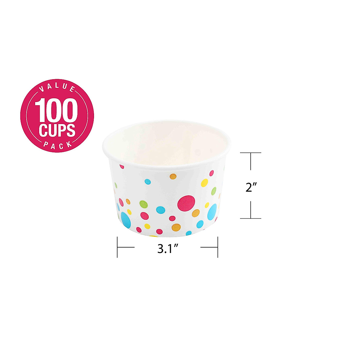 GSM Brands Paper Ice Cream Cups (Polka Dots Design) - 100-Count - 8 oz Disposable Dessert Bowls for Hot or Cold Food, 8-Ounce Party Supplies Treat Cups for Sundae, Frozen Yogurt, Soup, White