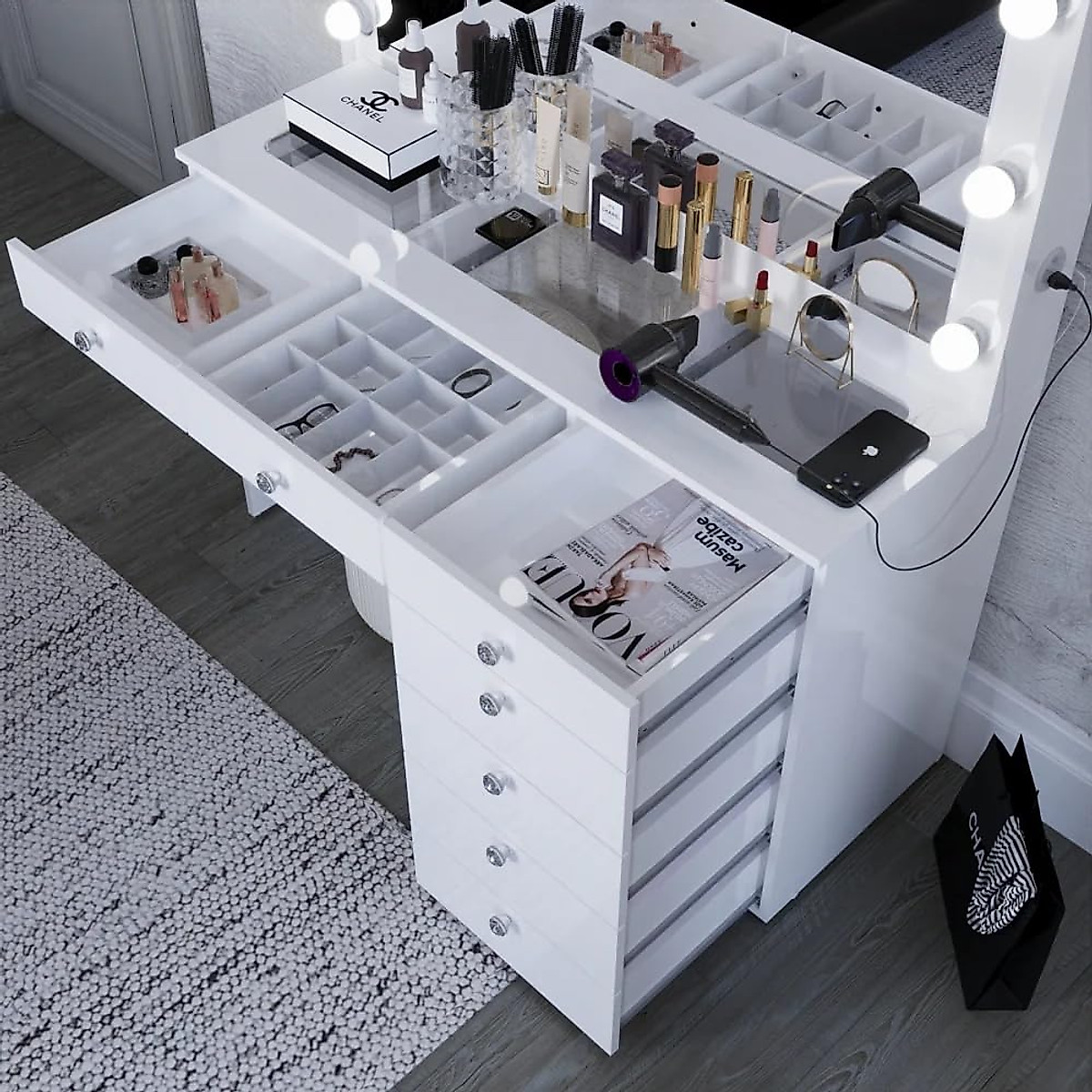 Boahaus Serena Modern Makeup Vanity with Hollywood Light Bulbs Add-On, 7 Drawers, Wide Mirror, Glam Glass Top for Bedroom