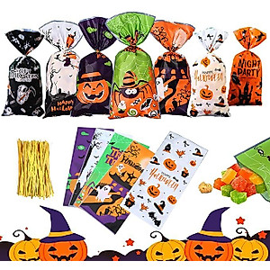 YNGRUE Halloween Cellphane Candy Bags, 100 Pcs Halloween Plastic Clear Treat Bags, Clear Plastic Trick or Treat Bags for Candy Cookie Goodies with Twist Ties for Halloween Party Supplies (7 colors)